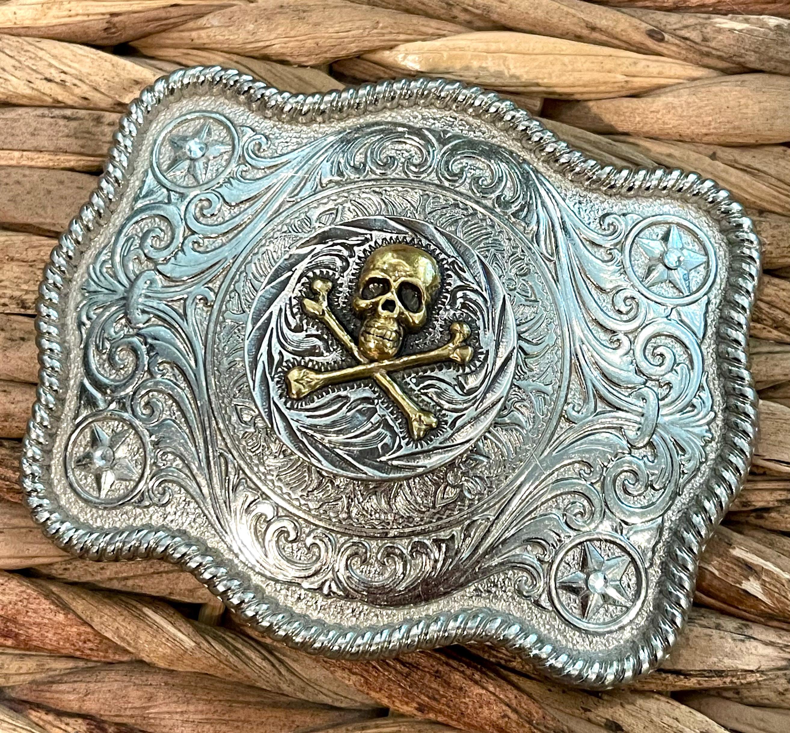 Skull and Crossbones Belt Buckle, Silver and Gold Concho, Western ...