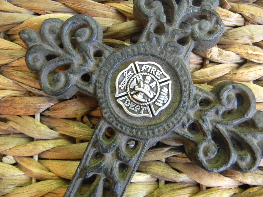 Firefighter Christian Metal Cross Wall Art, Cast Iron Catholic ...