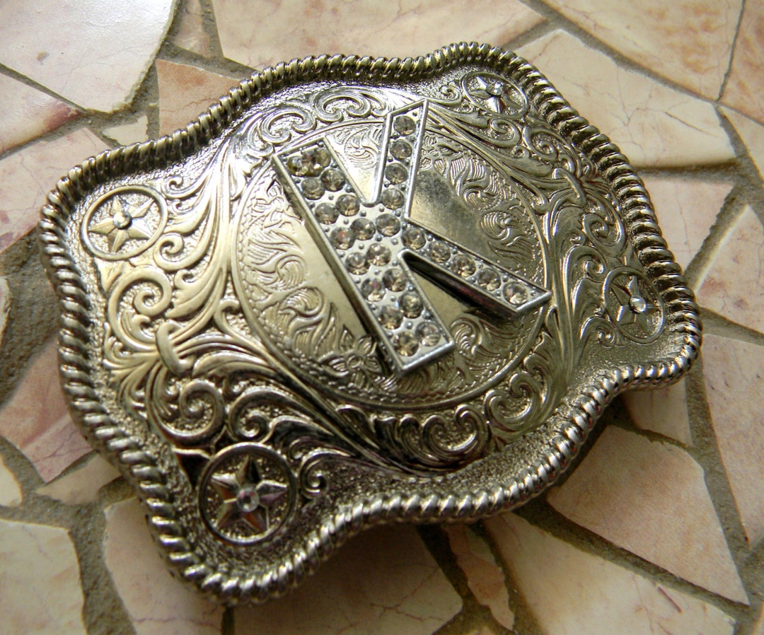 Letter K Personalized Silver Initial Monogram Belt Buckle, Rhinestone K ...