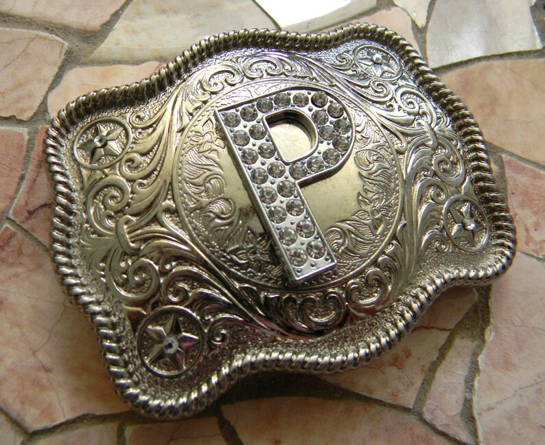 Letter P Personalized Belt Buckle, Rhinestone Initial, Silver Monogram ...