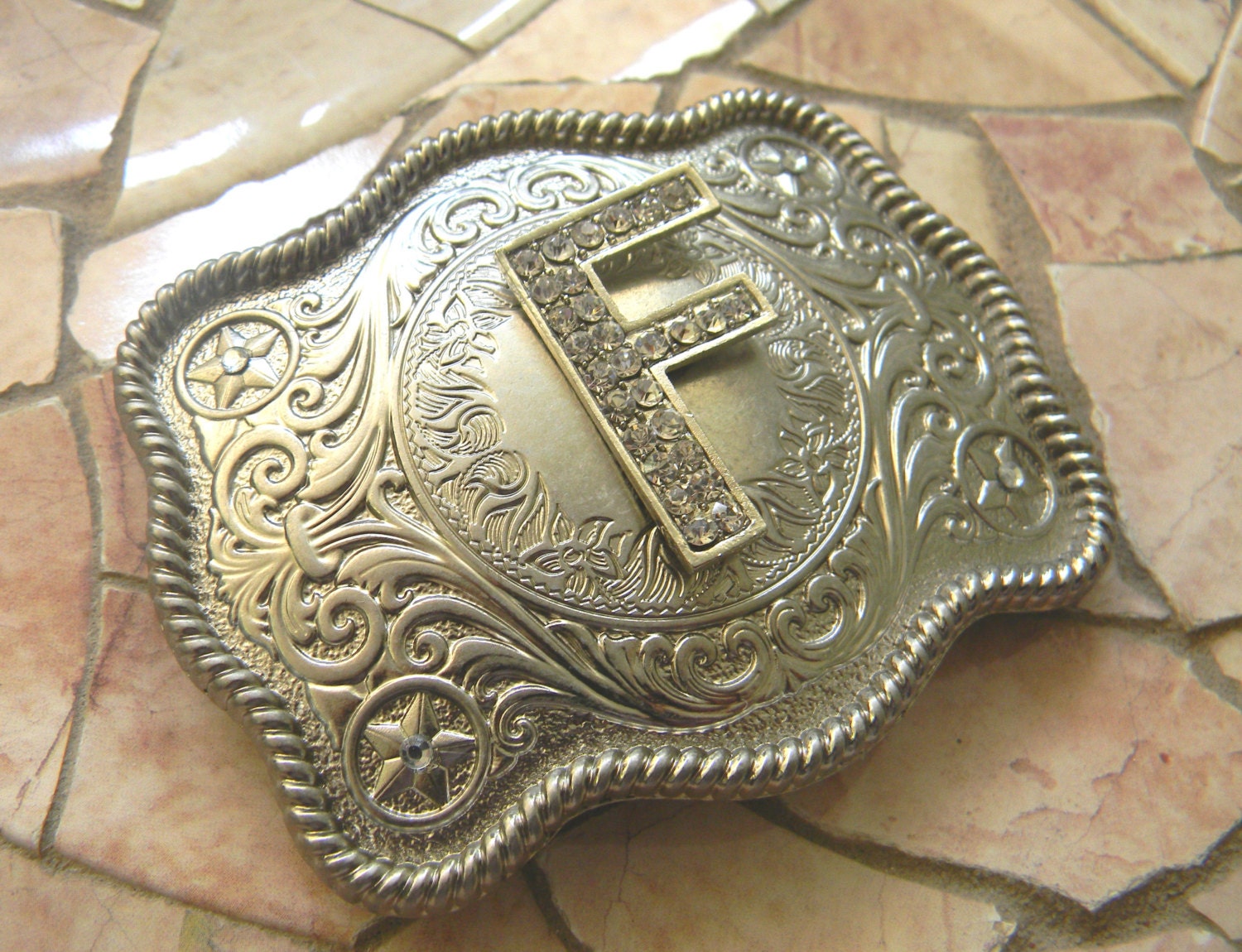 Monogram Letter F Personalized Silver Belt Buckle, Rhinestone Initial F ...