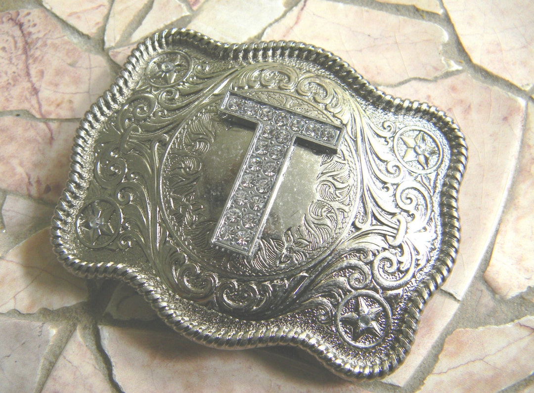 Letter T Monogram Personalized Silver Belt Buckle, Rhinestone Initial T ...