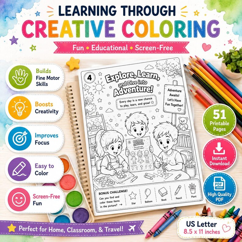 Kids Coloring Book Printable PDF | 51 Coloring Pages for Kids Ages 4-8 ...