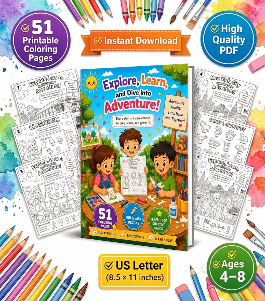Kids Coloring Book Printable PDF | 51 Coloring Pages for Kids Ages 4-8 ...