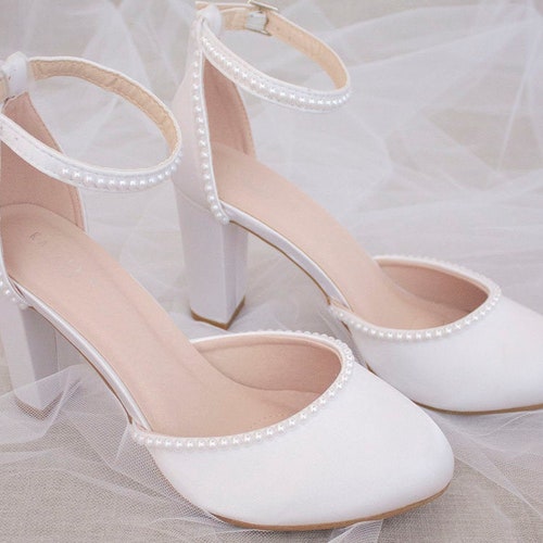 White Satin Block Heel With Mini Pearls Women Wedding Shoes - Etsy