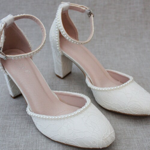 White Lace Block Heel With MINI PEARLS Women Wedding Shoes | Etsy