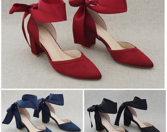 Burgundy Satin Block Heel With Wrapped Ankle Tie, Fall Wedding Shoes ...