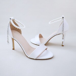 White Satin High Heel Wedding Sandals With Adjustable Pearl Strap ...