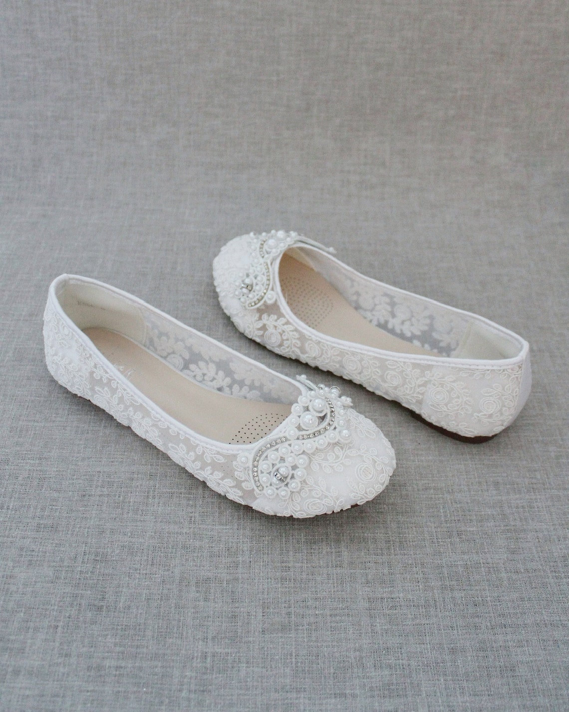 White Crochet Lace Round Toe Flats With SMALL PEARLS APPLIQUE - Etsy