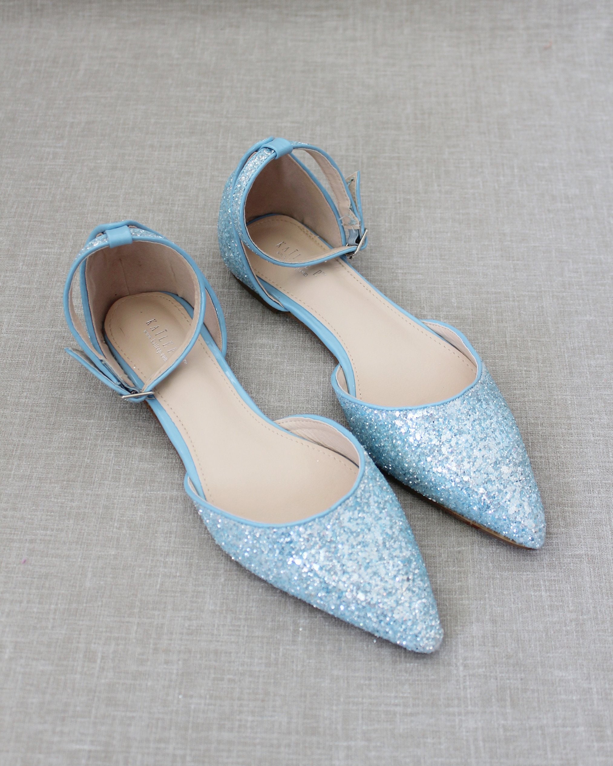 Light Blue Rock Glitter Pointy Toe Flats With Satin ANKLE TIE | Etsy