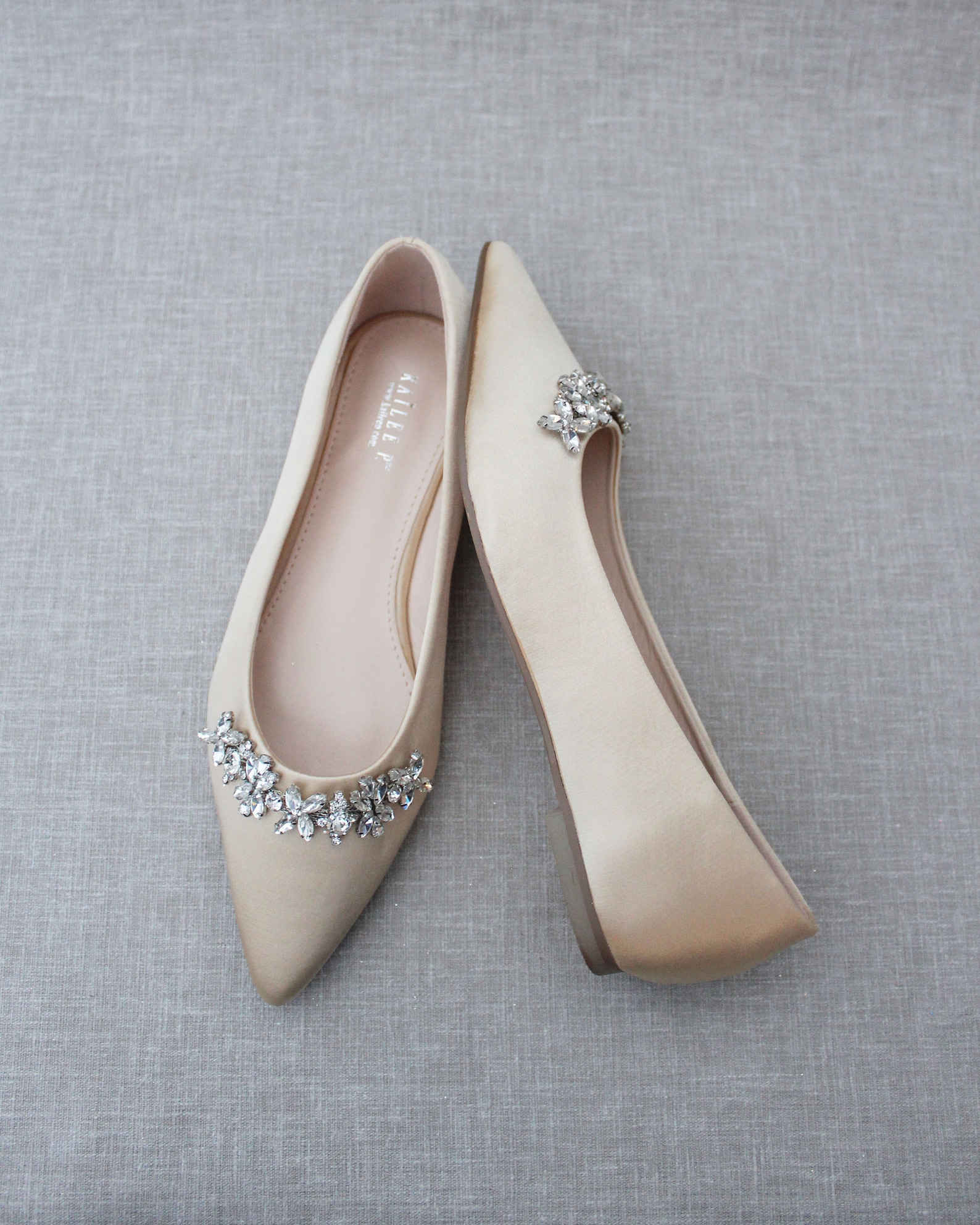 Champagne Satin Pointy Toe Flats With FLORAL RHINESTONES - Etsy