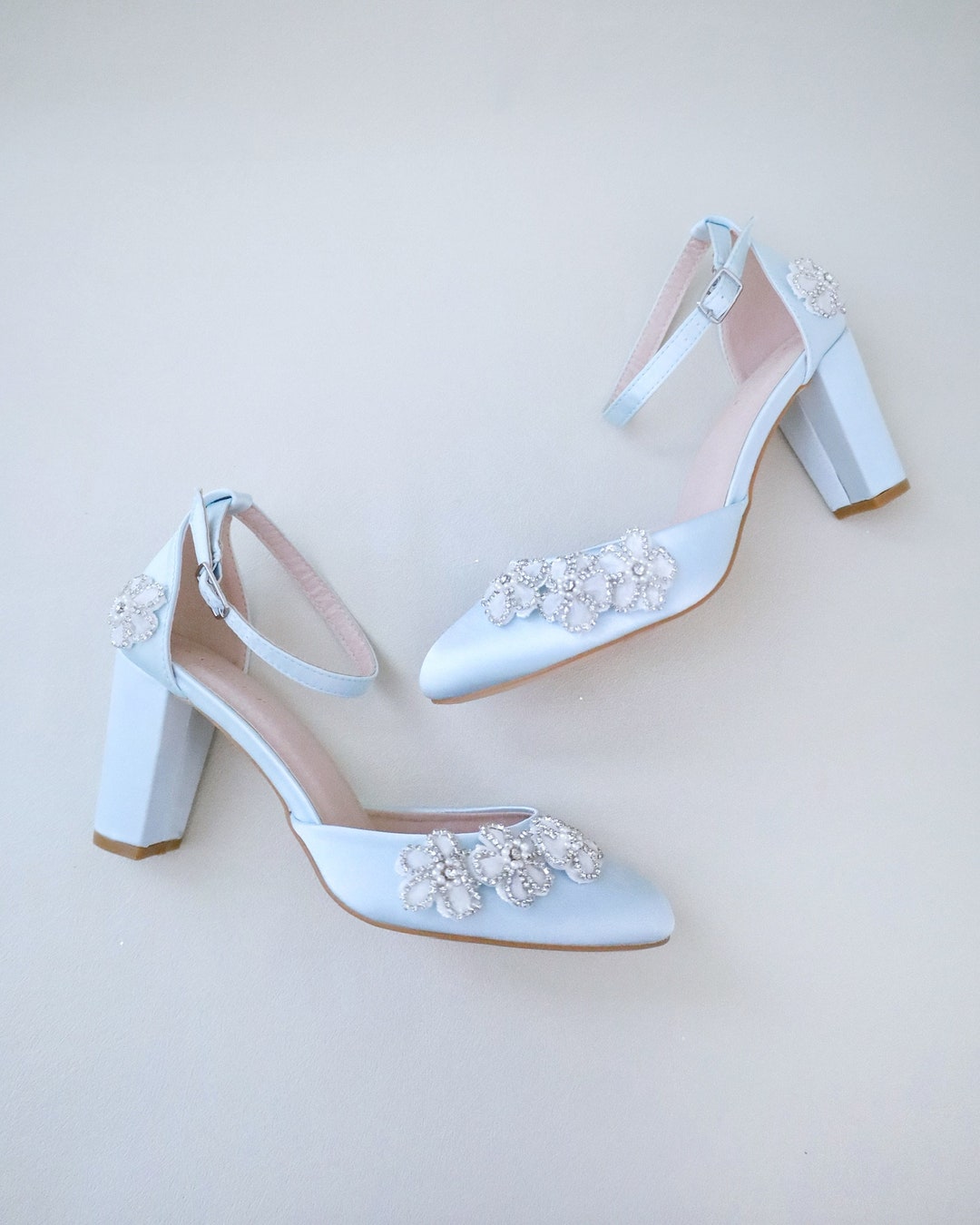 Light Blue Satin Wedding Block Heel With Rhinestones Chassia Flower ...