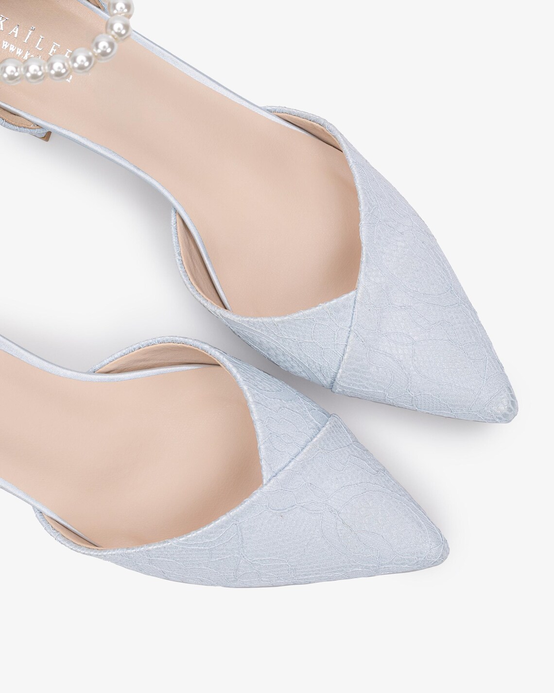 Light Blue Lace Pointy Toe Low Block Heels Wedding Shoes With All Pearl ...