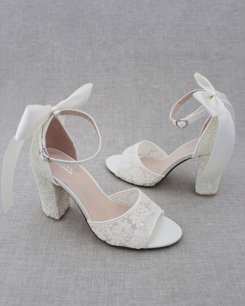 White & Ivory Crochet Lace Block Heel Sandals With SATIN BACK - Etsy