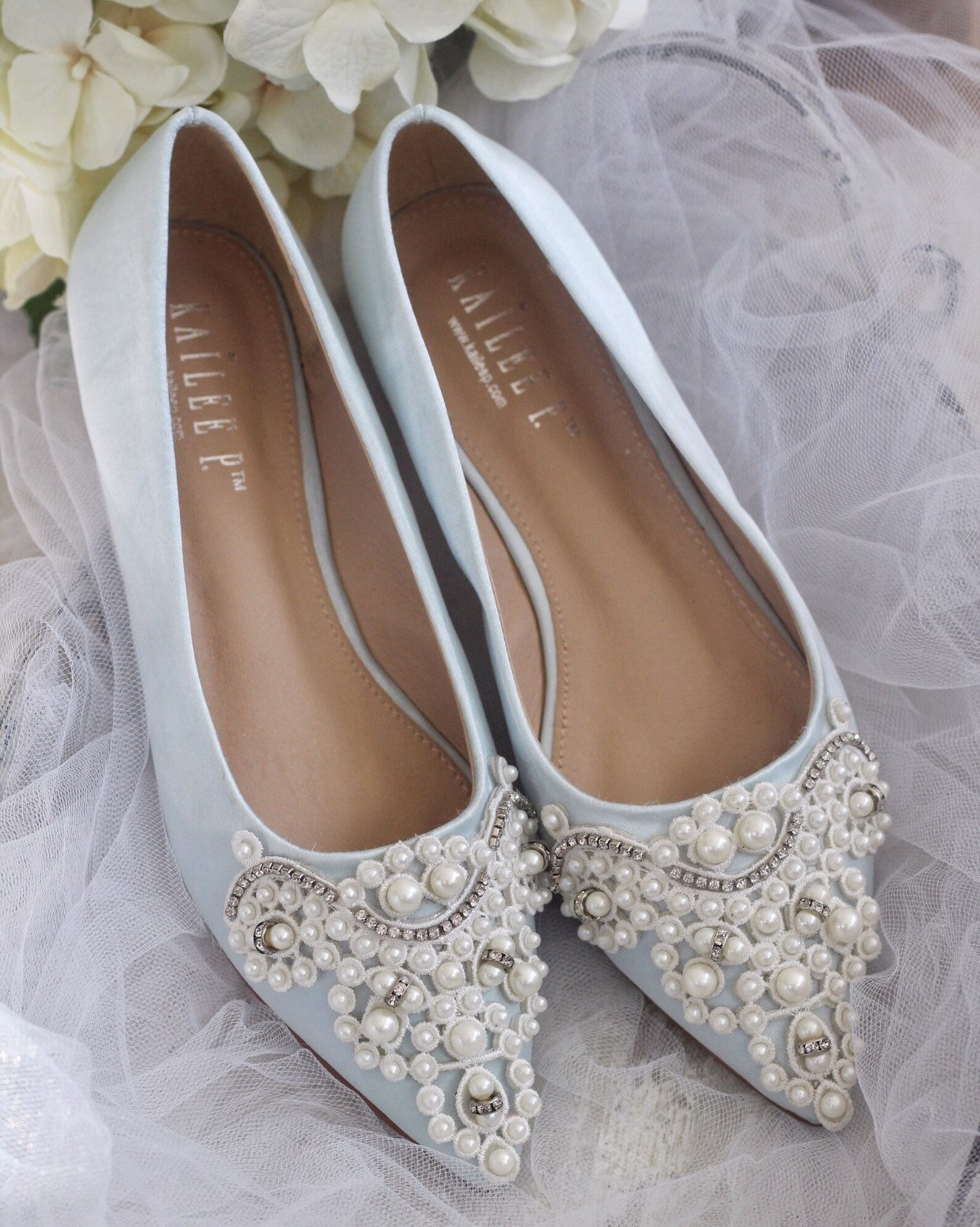 Light Blue Satin Pointy Toe Flats With OVERSIZED PEARLS | Etsy