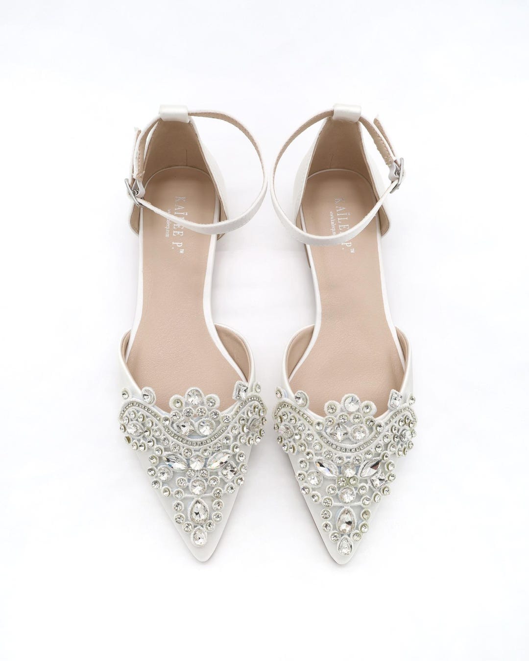 White Satin Pointy Toe Flats With Sparkly RHINESTONES APPLIQUE , Women ...