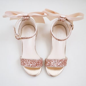 Rock Glitter Low Block Heel Girls Sandals With Back Satin Bow, Flower ...