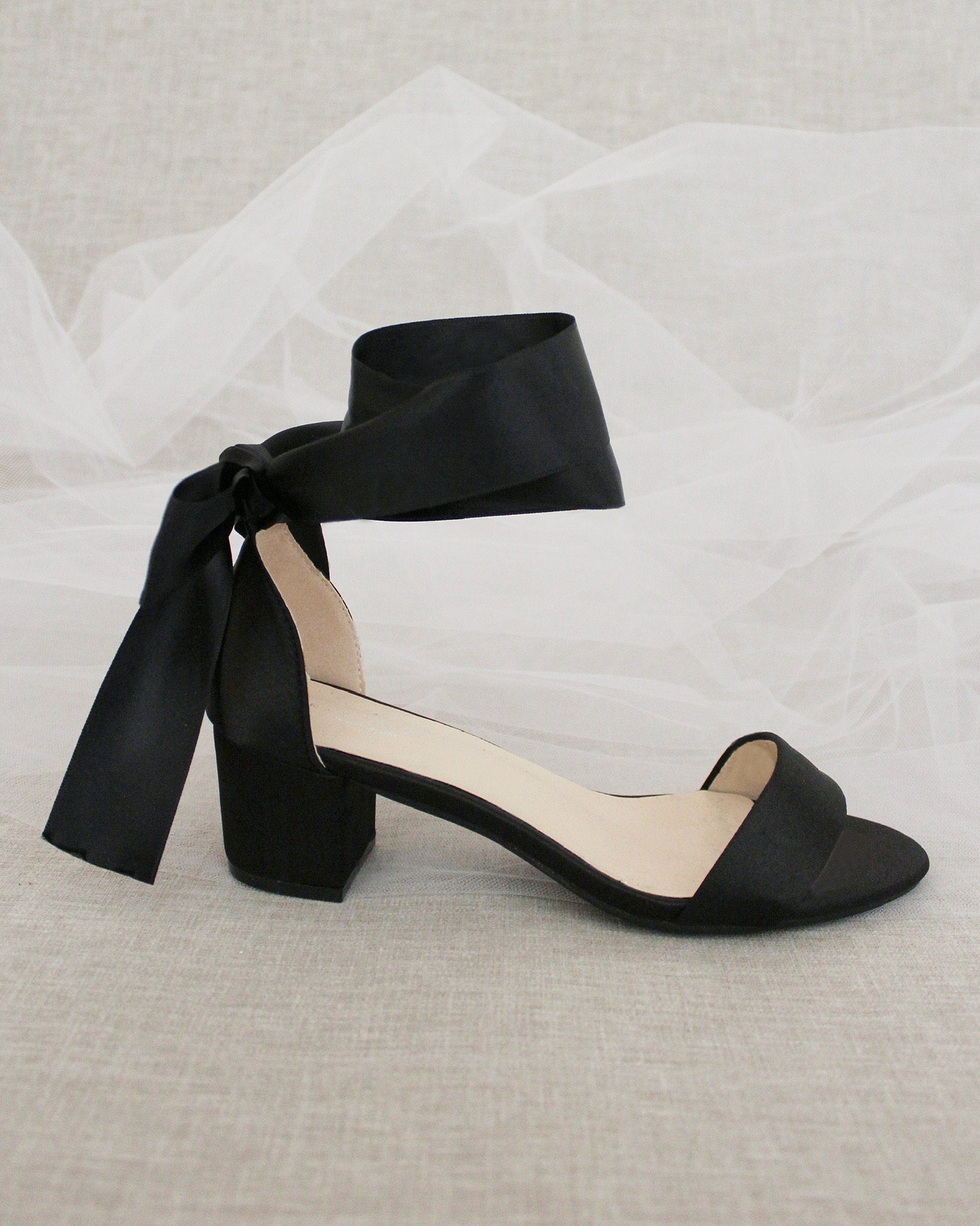 Black Satin Block Heel Sandal With WRAPPED SATIN TIE - Etsy