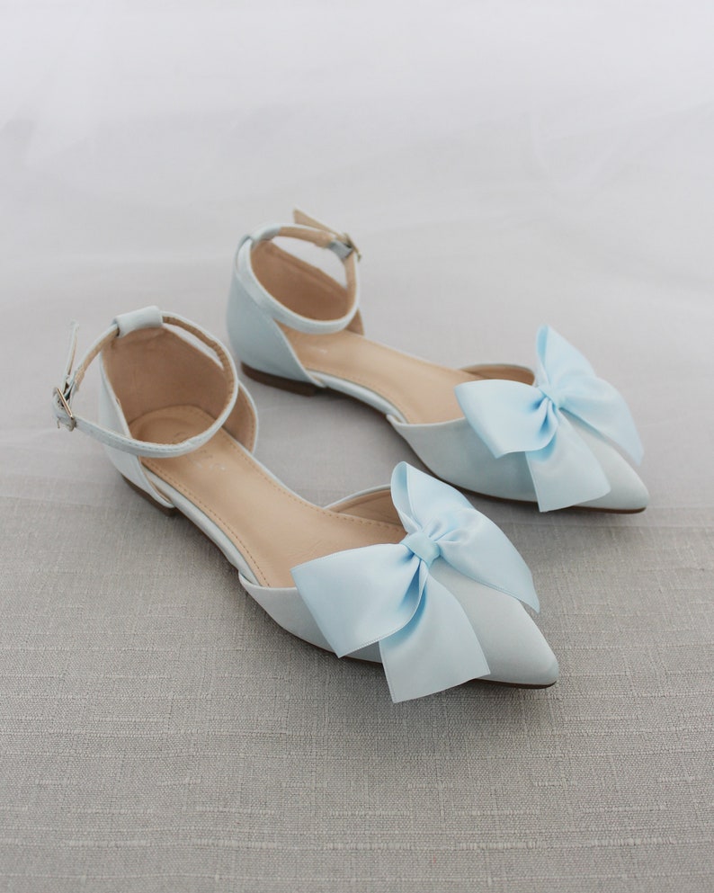 Light Blue Satin Pointy Toe Flats With Front Satin Bow Women | Etsy