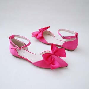 Fuchsia Satin Pointy Toe Flats With Front Satin Bow, Bridesmaids Shoes ...