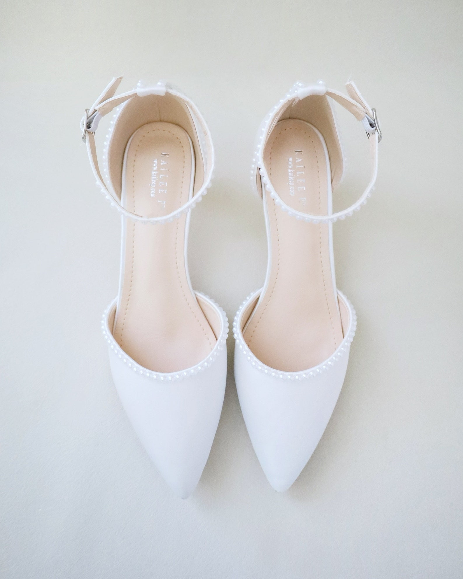 White Satin Pointy Toe Low Heels With Mini Pearls, Fall Wedding Shoes ...