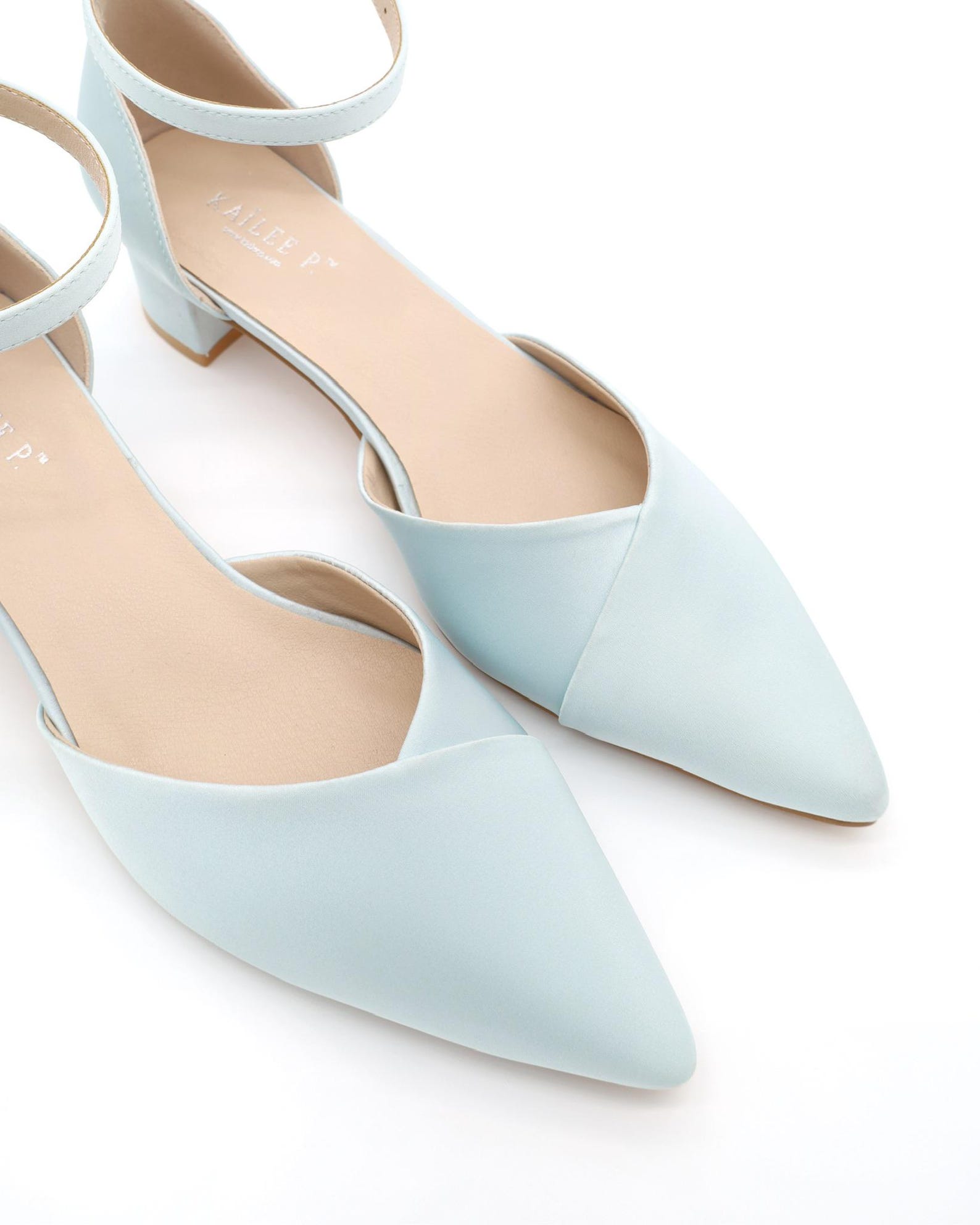 Light Blue Satin Pointy Toe Low Block Heels Wedding Shoes With Wrapped ...