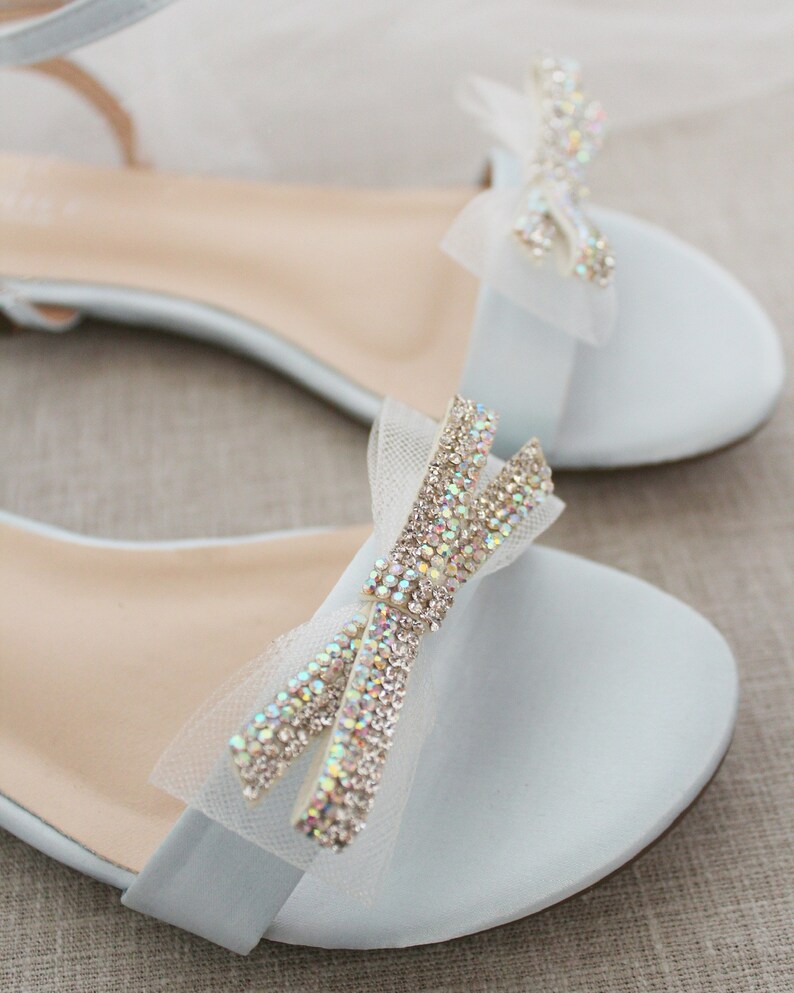 Light Blue Satin Flat Sandal With Mesh Mini RHINESTONES Bow | Etsy