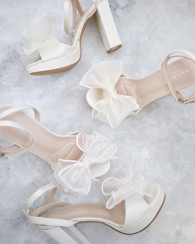 White & Ivory Satin Platform Block Heel Wedding Sandals With Layered ...