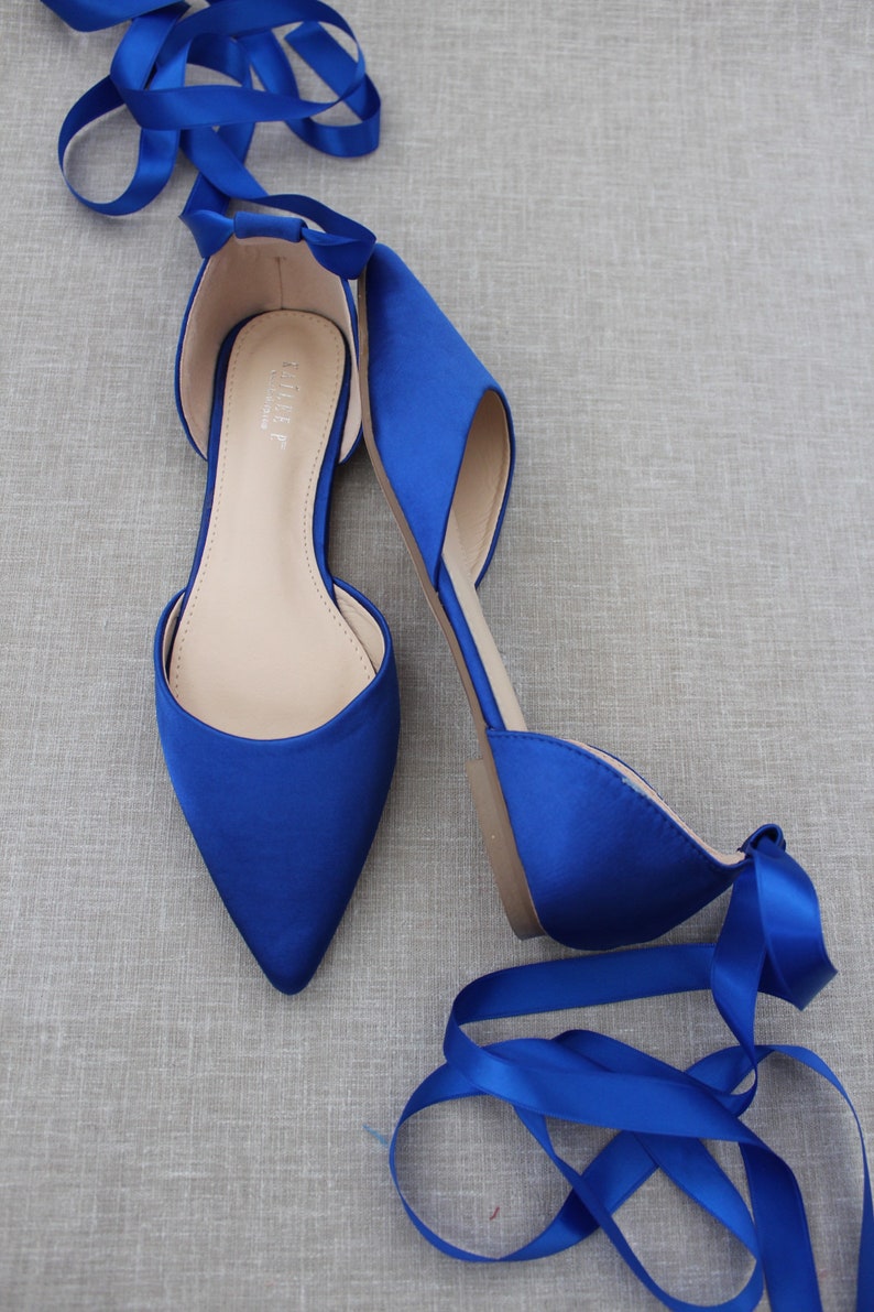 Royal Blue Satin Pointy Toe Flats With Satin ANKLE TIE or BALLERINA ...