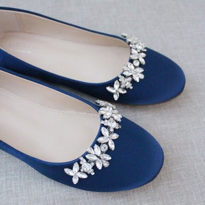Navy Satin Round Toe Flats With FLORAL RHINESTONES Fall Wedding Shoes ...