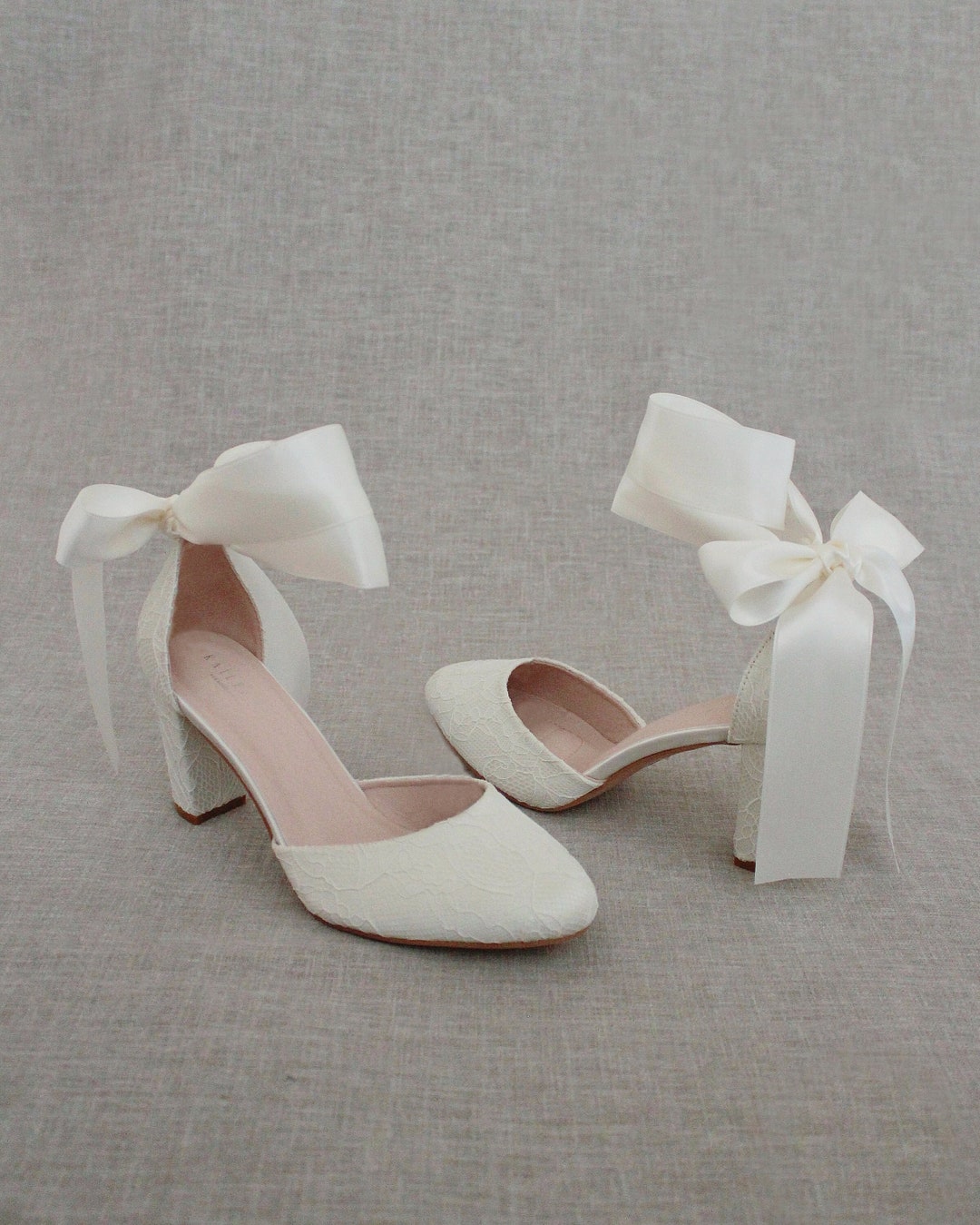Ivory Lace Block Heel With WRAPPED SATIN TIE, Women Wedding Shoes ...
