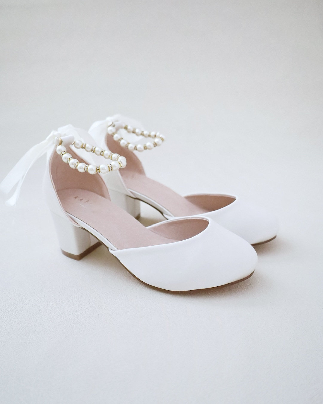 Girls Ivory Satin Block Heel With Pearls Ankle Strap, Flower Girls ...