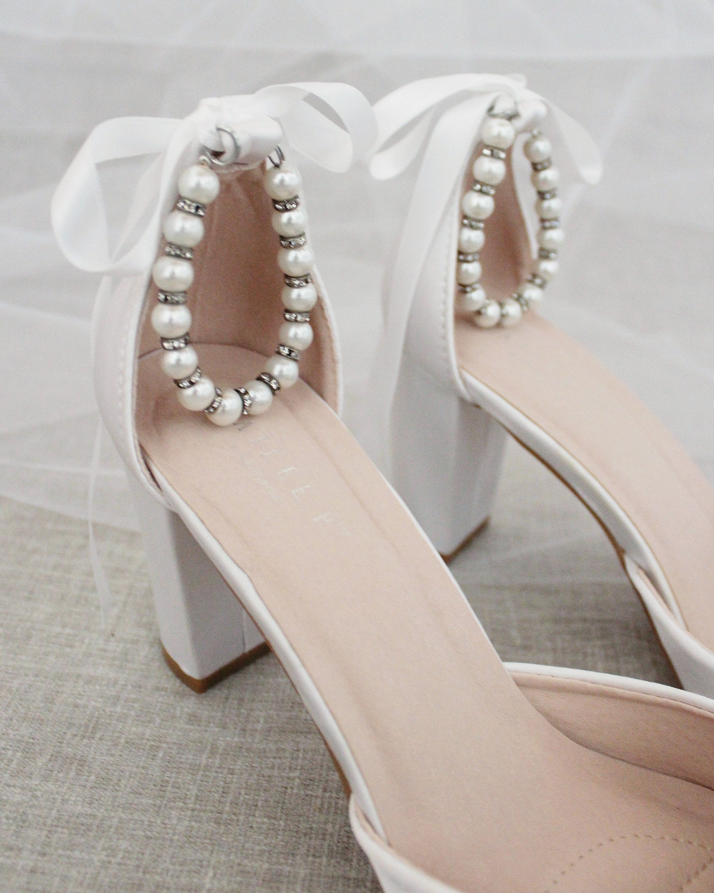 White Satin Block Heel With Pearls Ankle Strap Women Wedding Etsy Uk