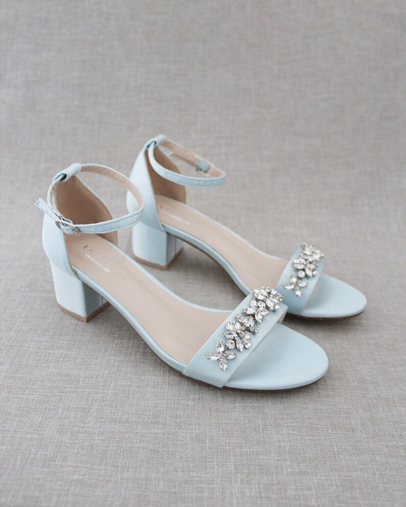 Light Blue Satin Block Heel Sandals With FLORAL RHINESTONES on - Etsy