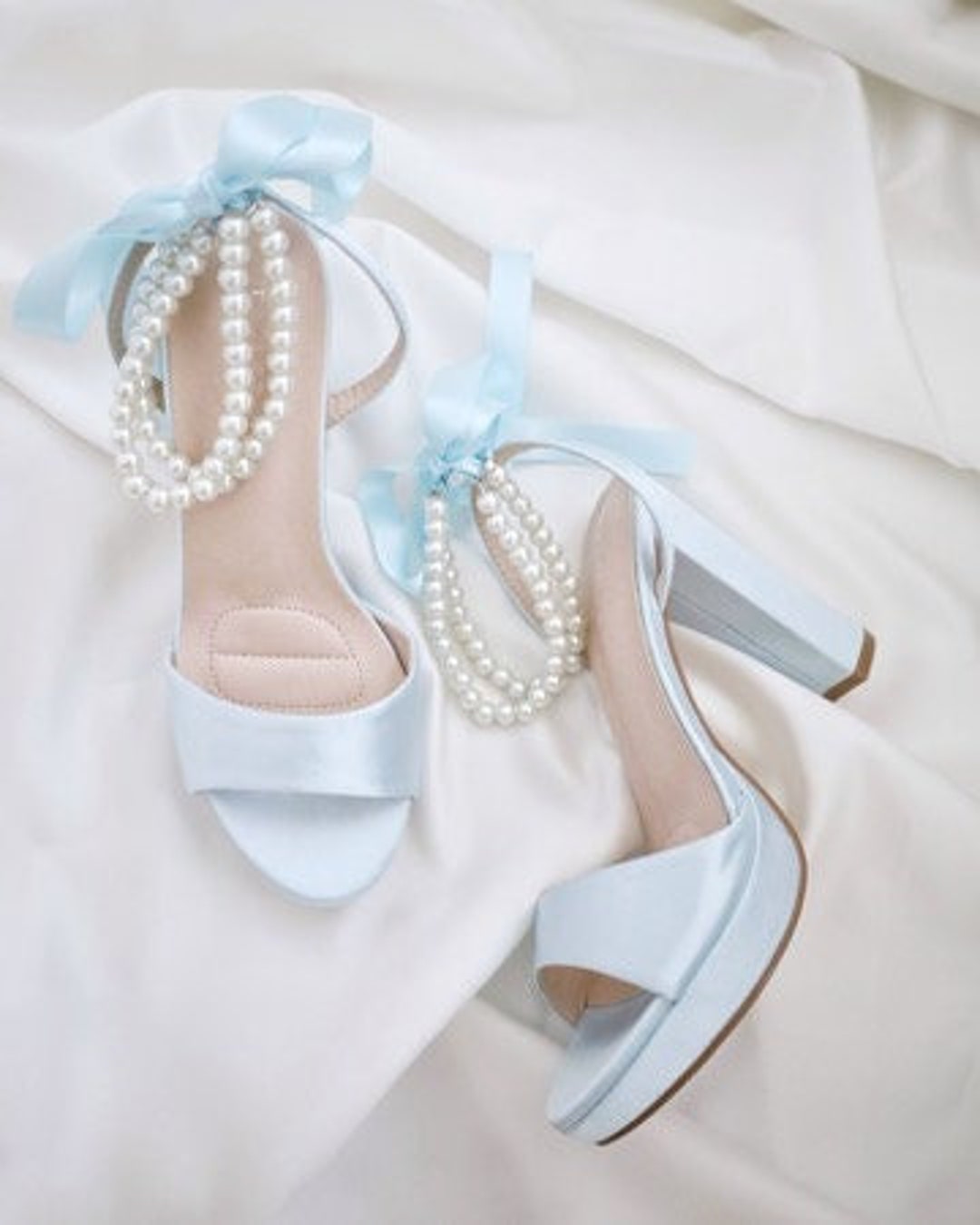 Light Blue Satin Platform Block Heel Wedding Sandals With Double Pearls ...