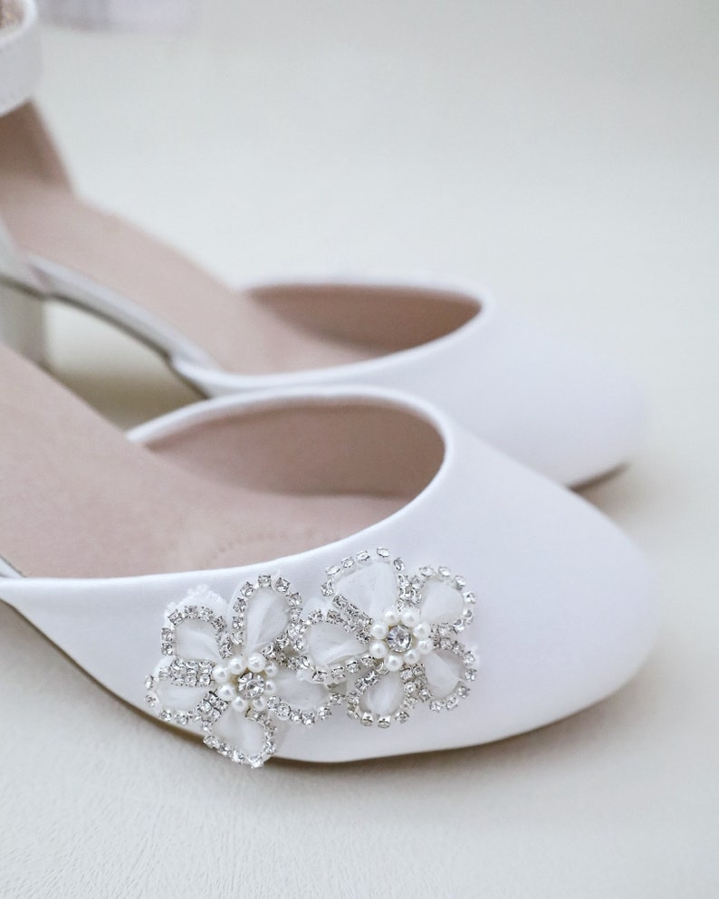 Girls White Satin Block Heel With Rhinestones Chassia Flowers, Flower ...