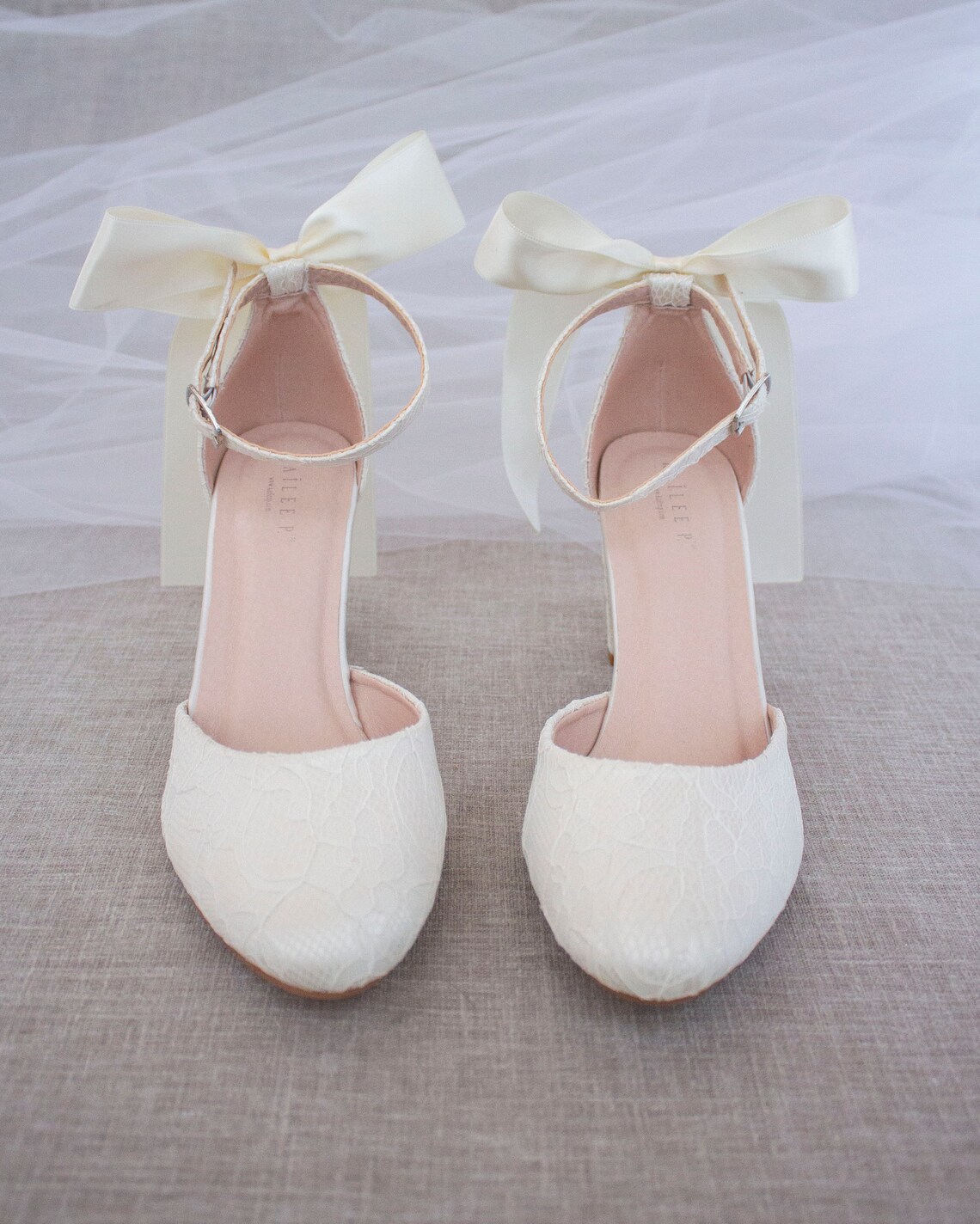 Ivory Lace Block Heel With SATIN BACK BOW Women Wedding | Etsy
