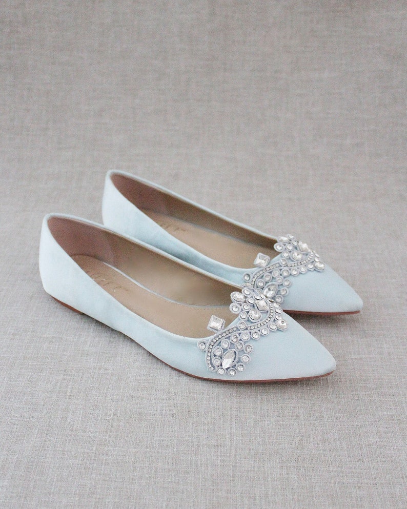 Light Blue Satin Pointy Toe Flats With RHINESTONE APPLIQUÉ, Women ...