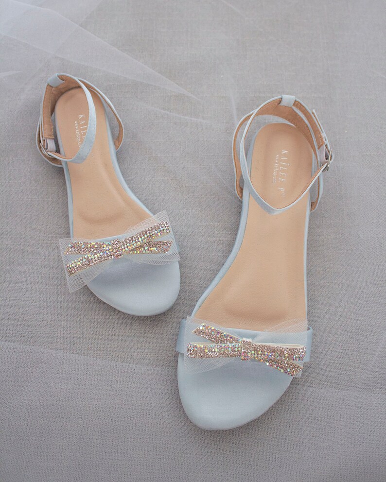 Light Blue Satin Flat Sandal With Mesh Mini RHINESTONES Bow | Etsy