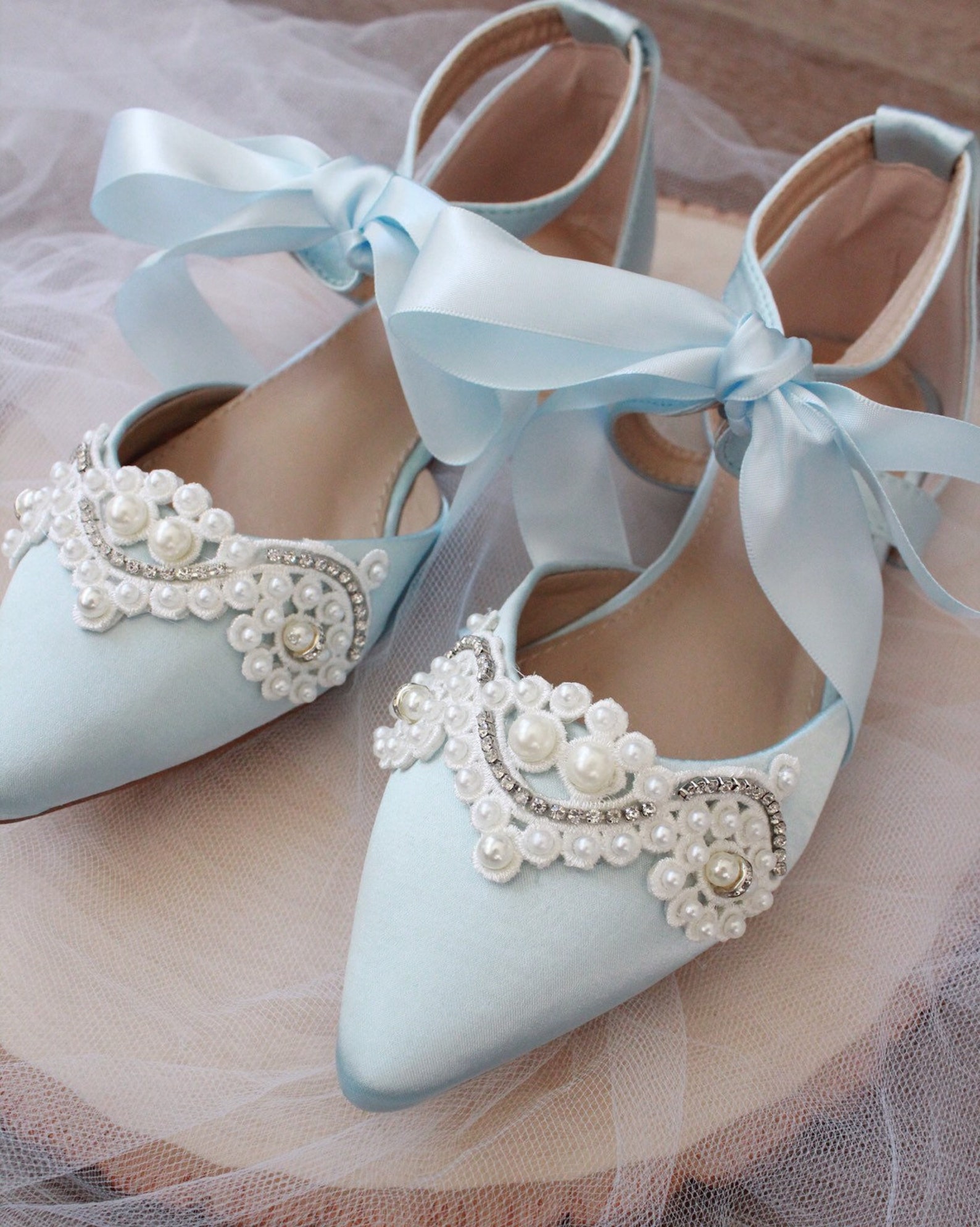 Light Blue Satin Pointy Toe Flats With SMALL PEARLS APPLIQUE - Etsy