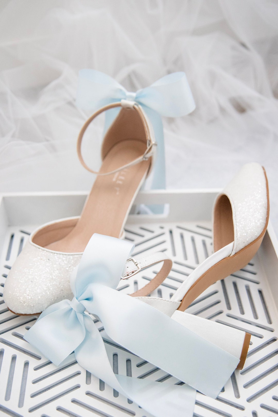 White Rock Glitter Block Heel With Light Blue Back Satin Bow, Women ...