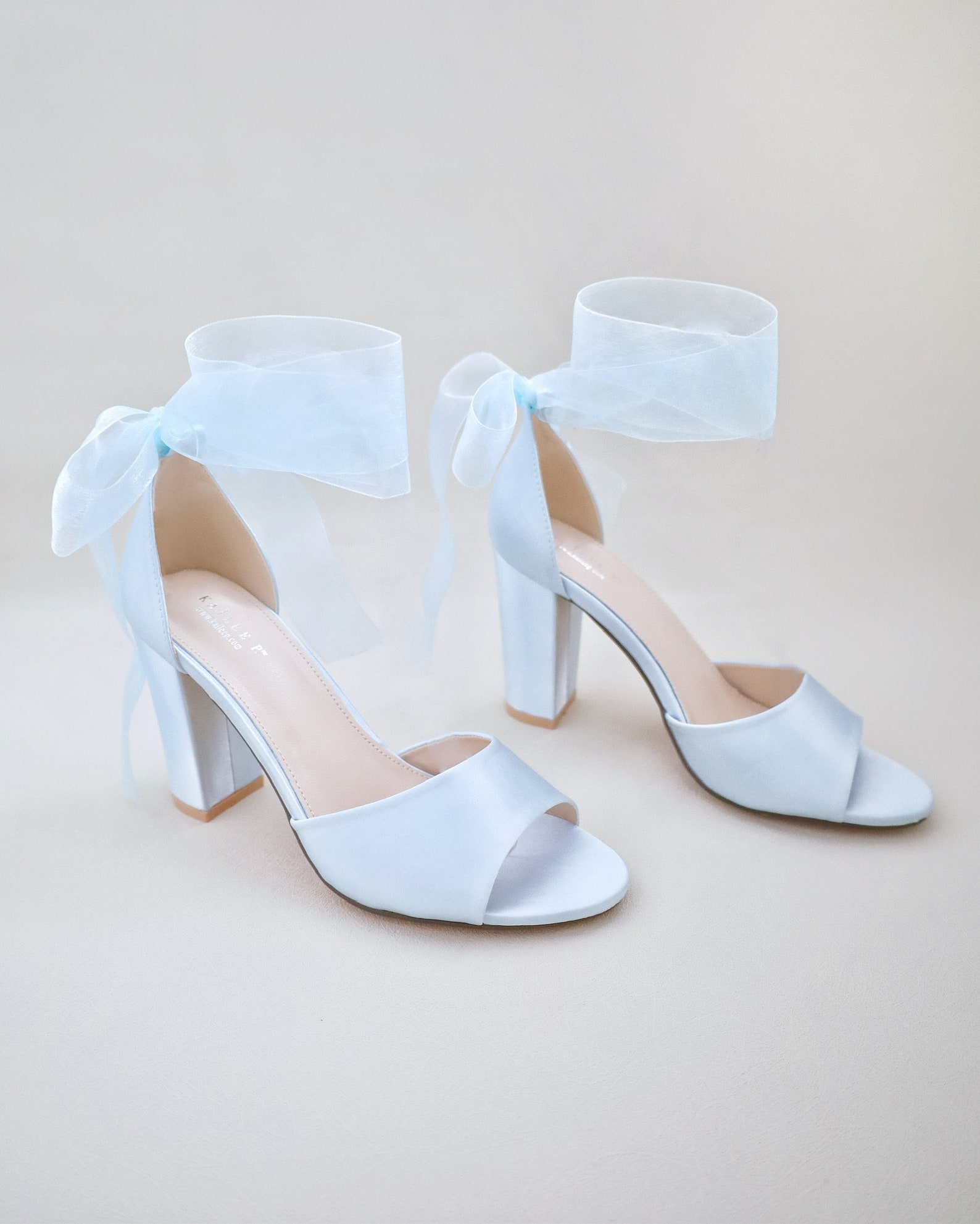 Light Blue Satin Block Heel Wedding Sandals With Wrapped Ribbon Tie ...