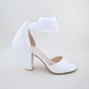White Satin Block Heel Wedding Sandals With Wrapped Ribbon Tie - Women ...