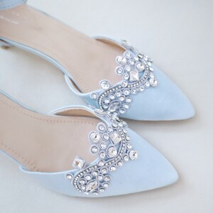 Light Blue Satin Pointy Toe Low Heels With Small Rhinestones Applique ...