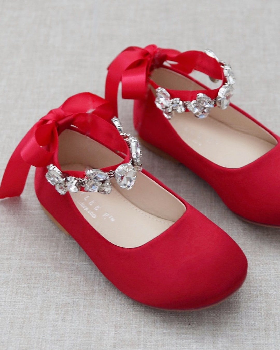 Kids Shoes Red Satin Flats With NAVETTE CLUSTER RHINESTONES on Satin ...