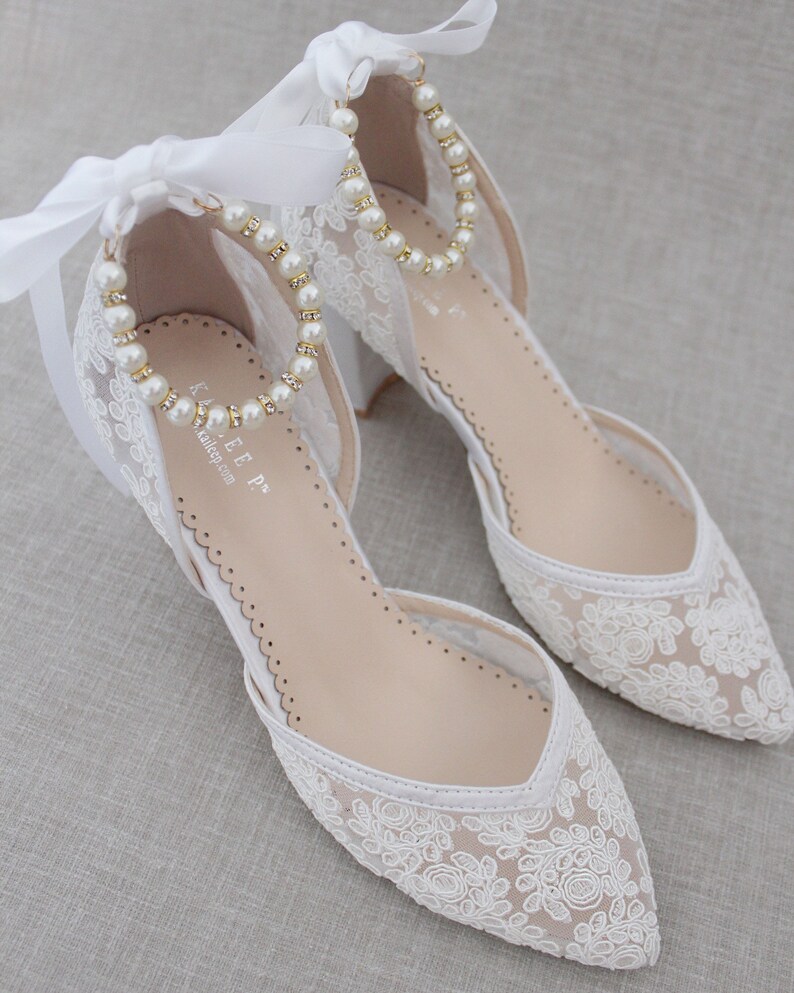 White Crochet Lace Almond Toe Block Heel With Pearl Ankle - Etsy