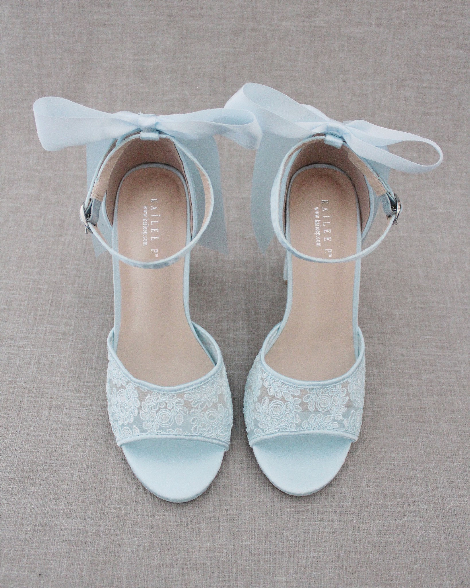 Light Blue Crochet Lace Block Heel Sandals With SATIN BACK BOW - Etsy