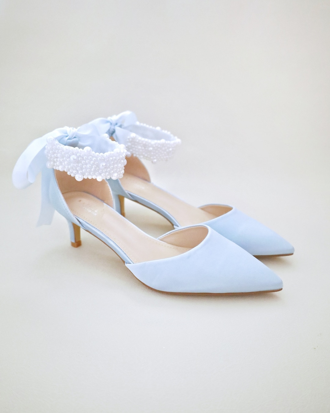 Light Blue Satin Pointy Toe Low Heels With Perla Ankle Strap, Bridal ...