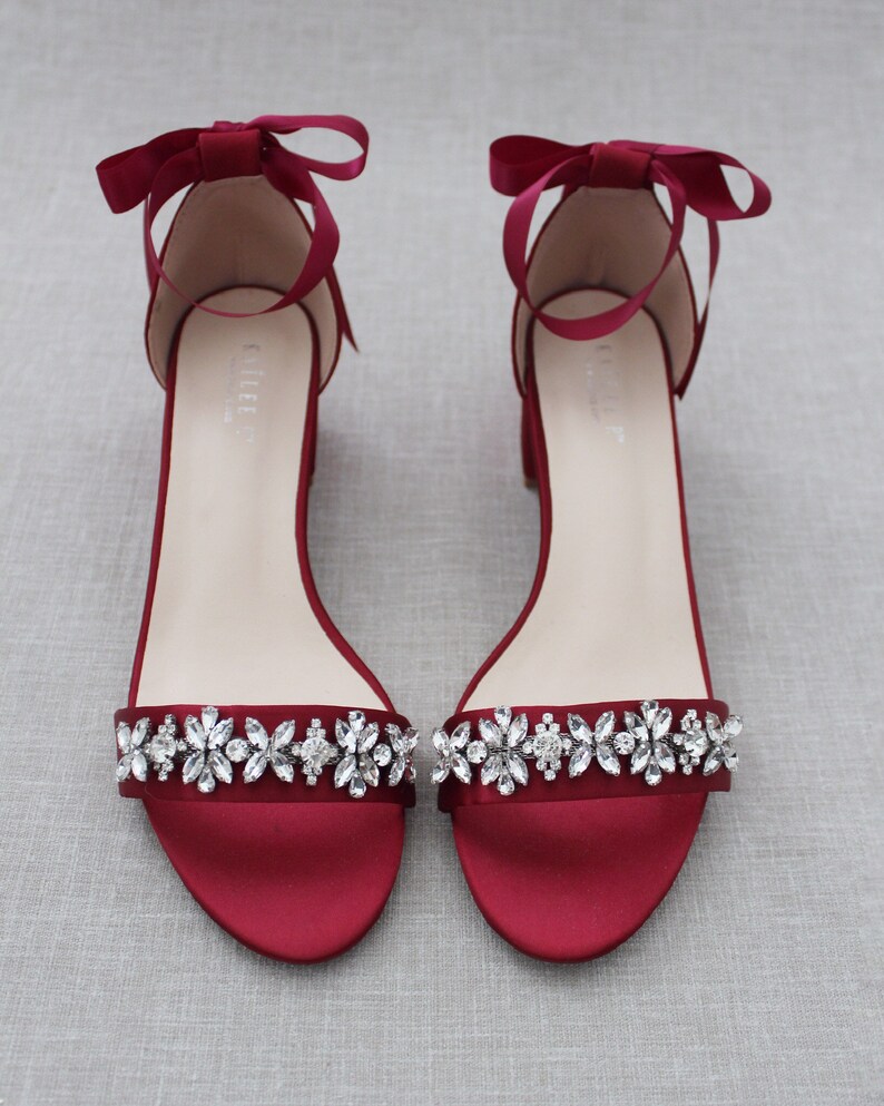 Burgundy Satin Block Heel Sandal With FLORAL RHINESTONES Upper - Etsy