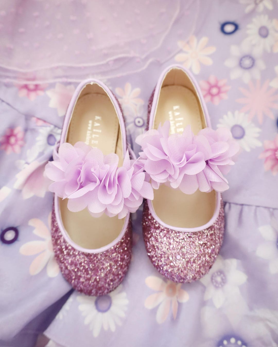 Purple Rock Glitter Mary Jane With Purple Chiffon Flowers for Girls ...